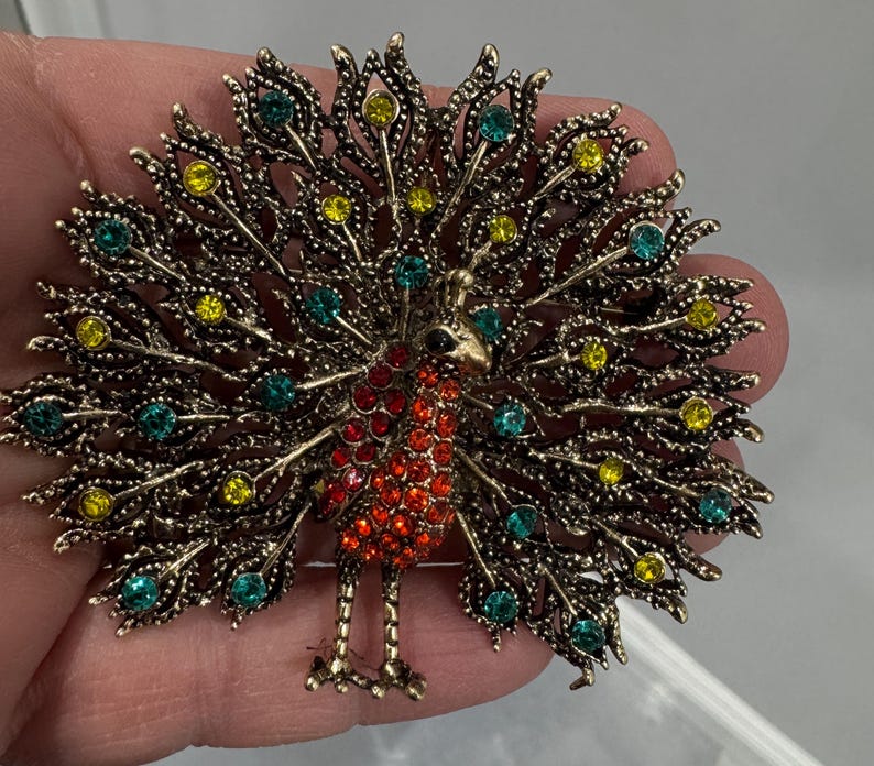 Large Purple Peacock Rhinestone Brooch Pin, Silver Tone Statement Bird ...
