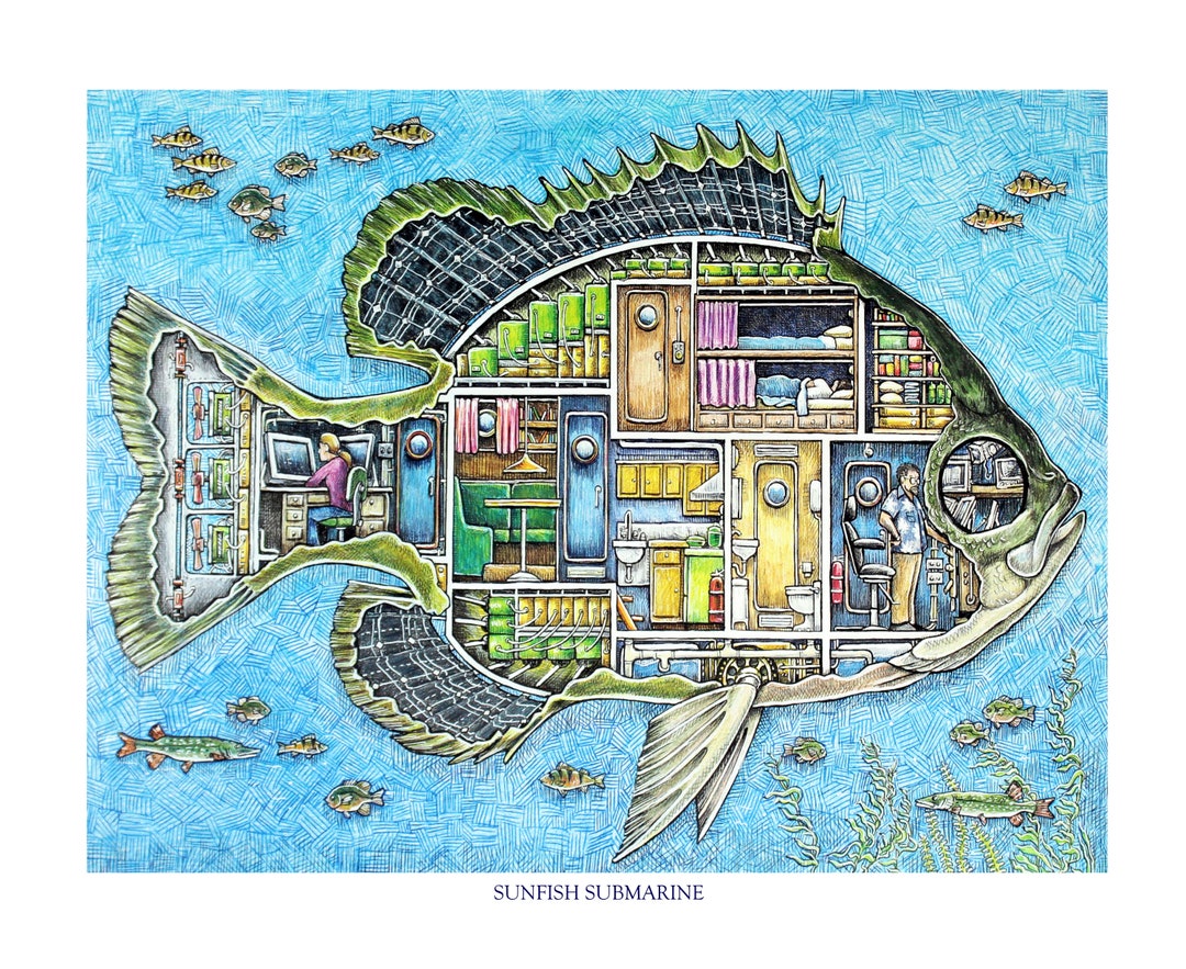 Sunfish Solar Submarine Art Print: Whimsical Cross Section Illustration ...