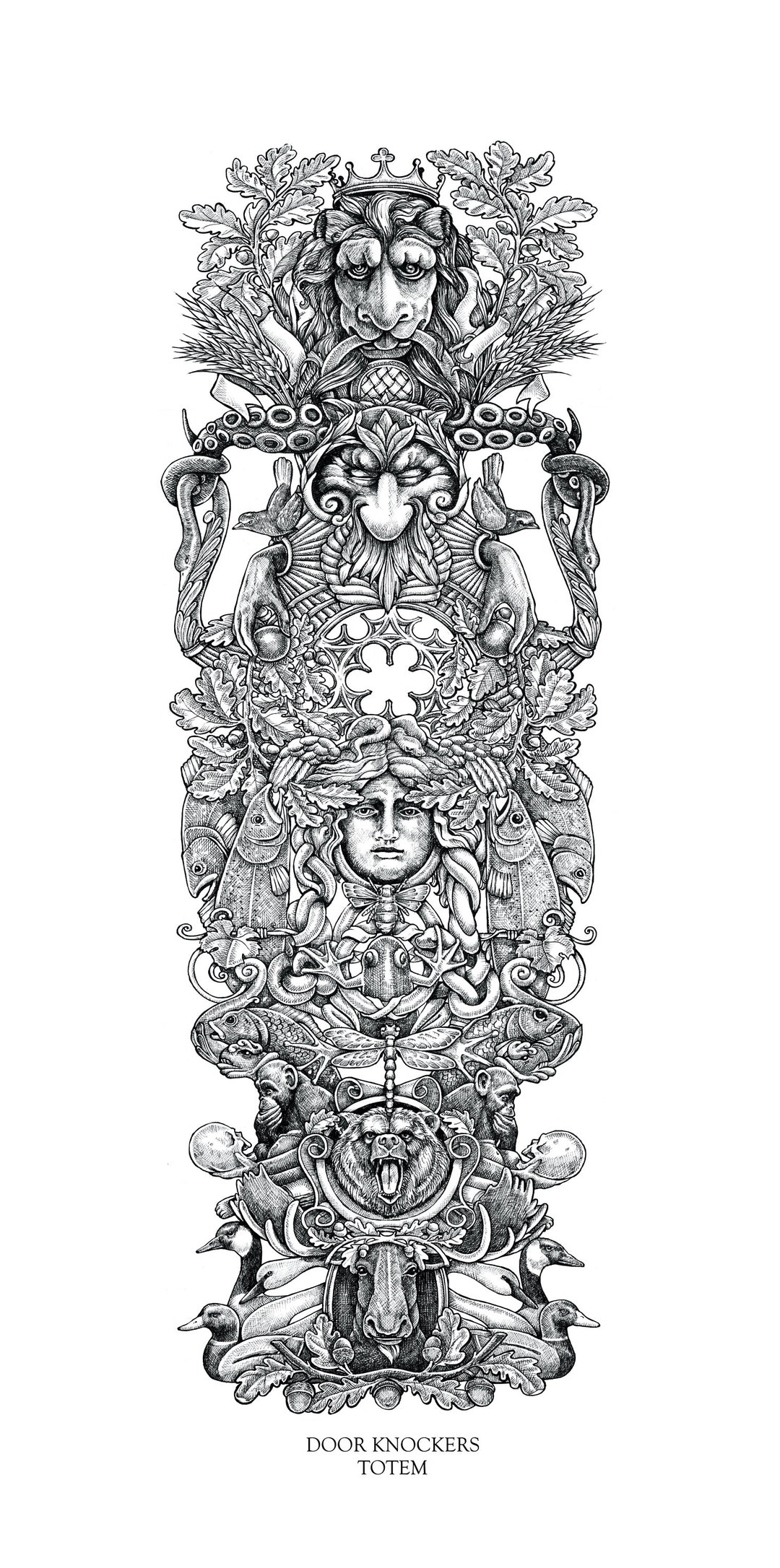 Door Knockers Totem. Art Print, Ink, Door Stops, Drawing, Green Man ...