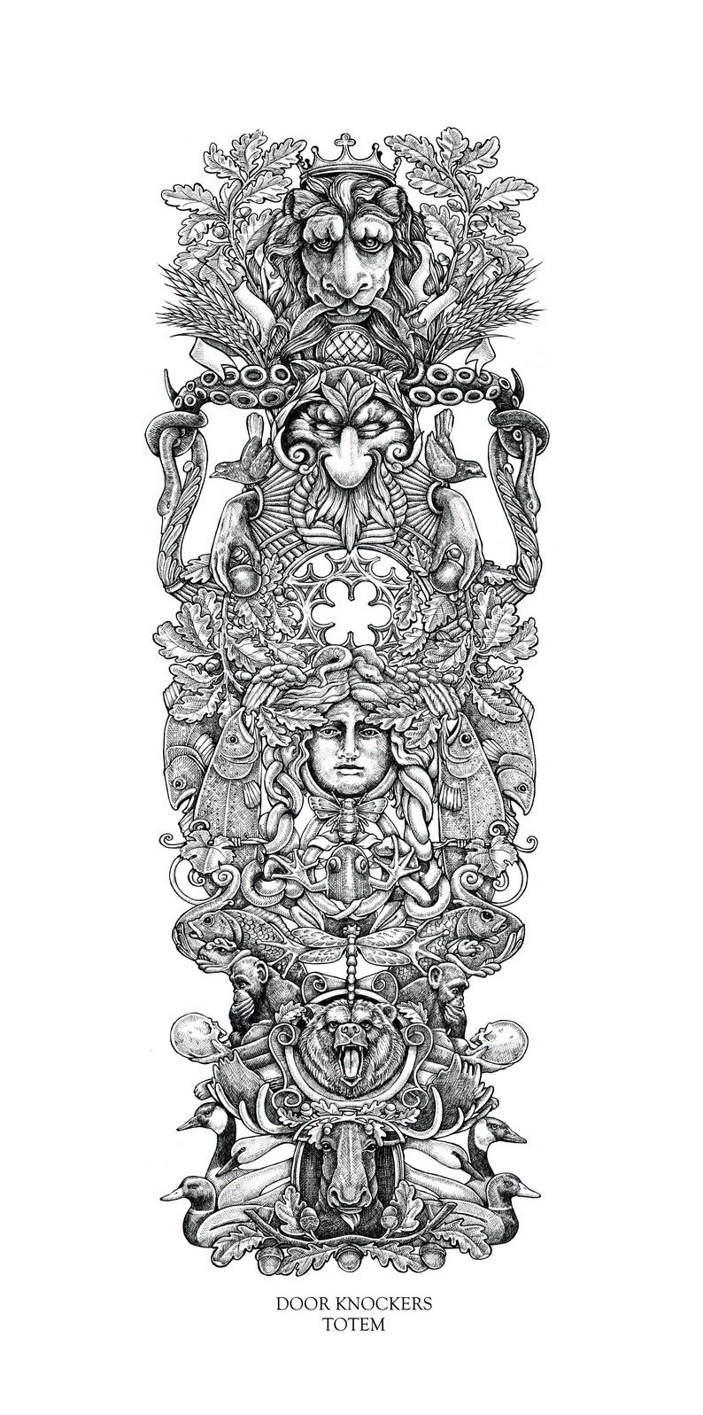 Door Knockers Totem Art Print: Green Man, Animals Ink Drawing - Etsy