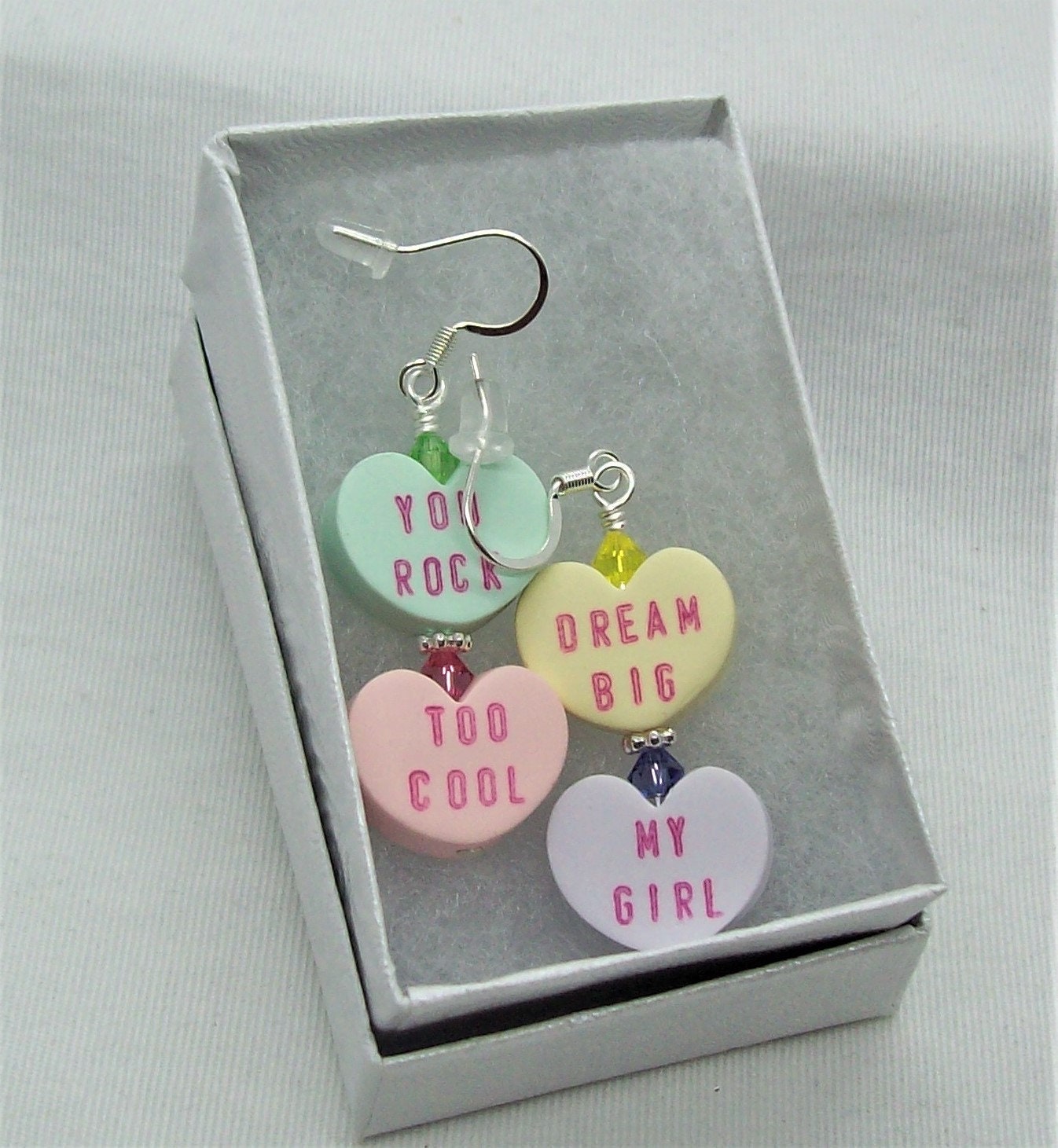 Double Stack Conversation Heart Valentine Dangle Earrings - You Pick ...