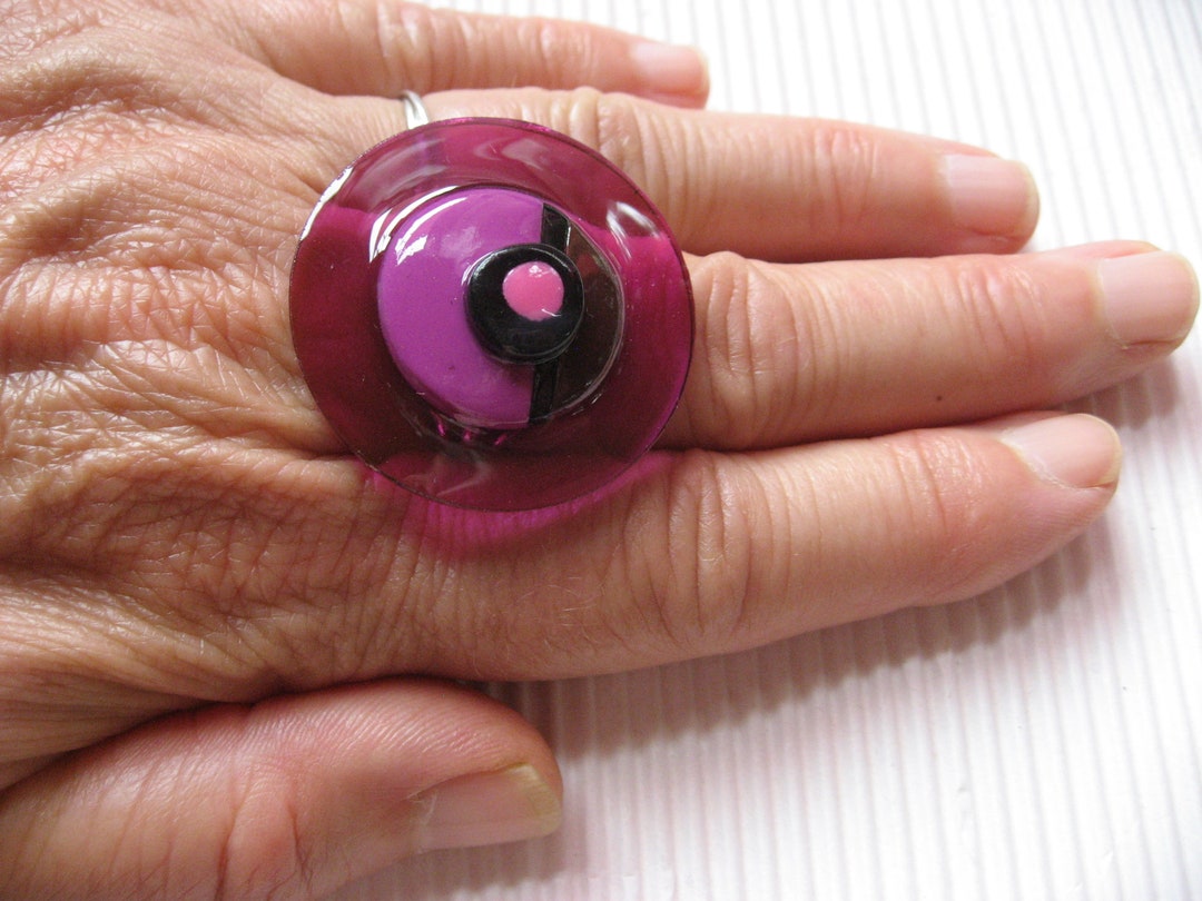 Large Adjustable Unisex Ring With Graphic Fimo Cabochon on Plum Resin ...