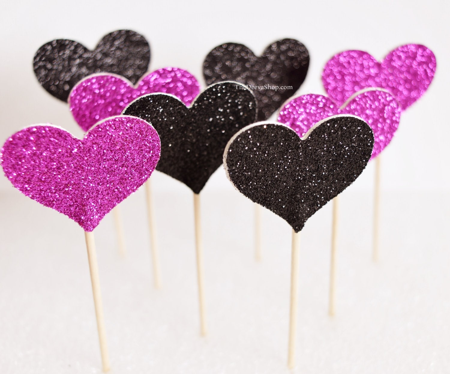 Glitter Cupcake Toppers Black or Fuschia Heart Shaped Picks | Etsy