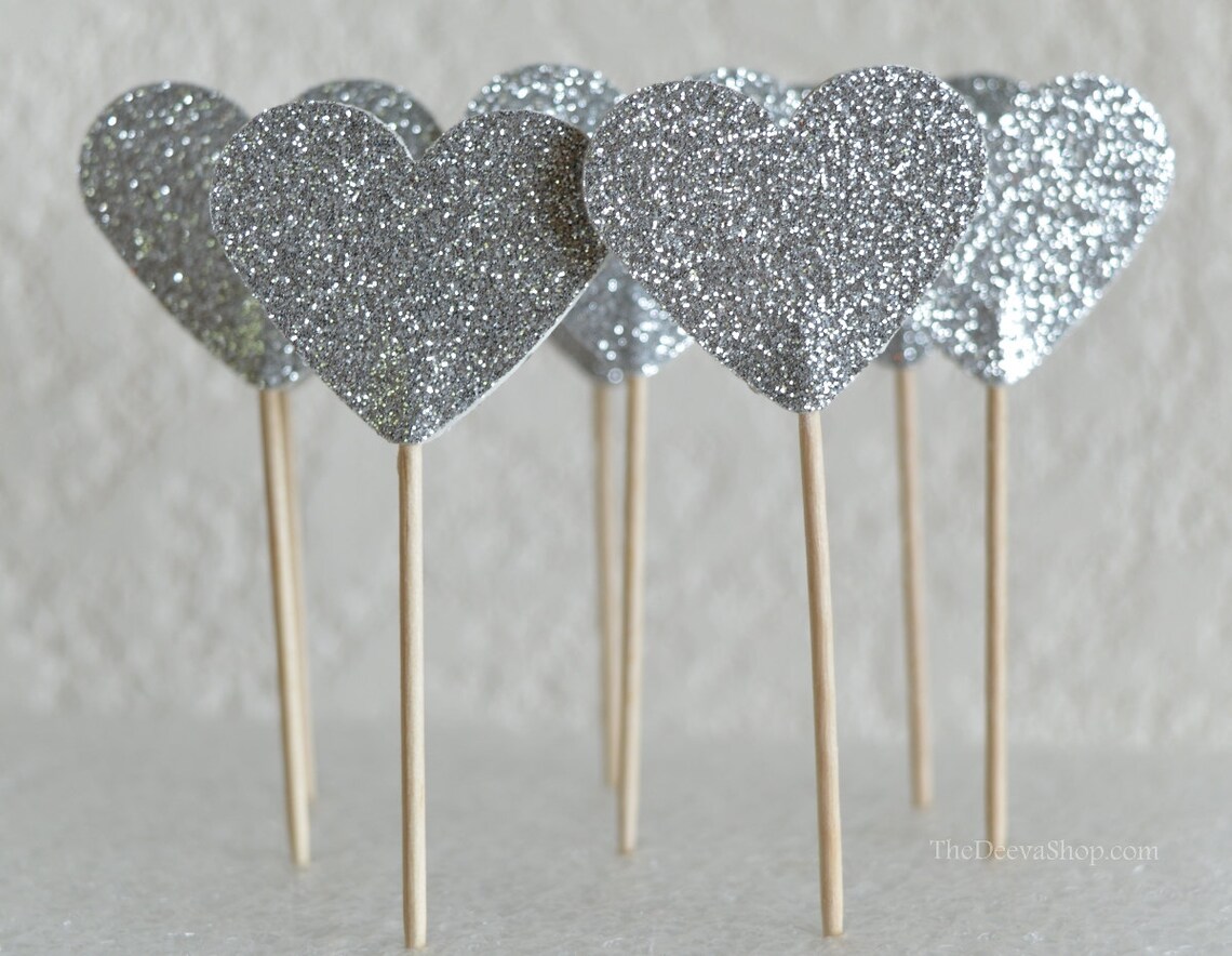 Silver Glitter Cupcake Toppers Glitter Hearts 25th Wedding | Etsy