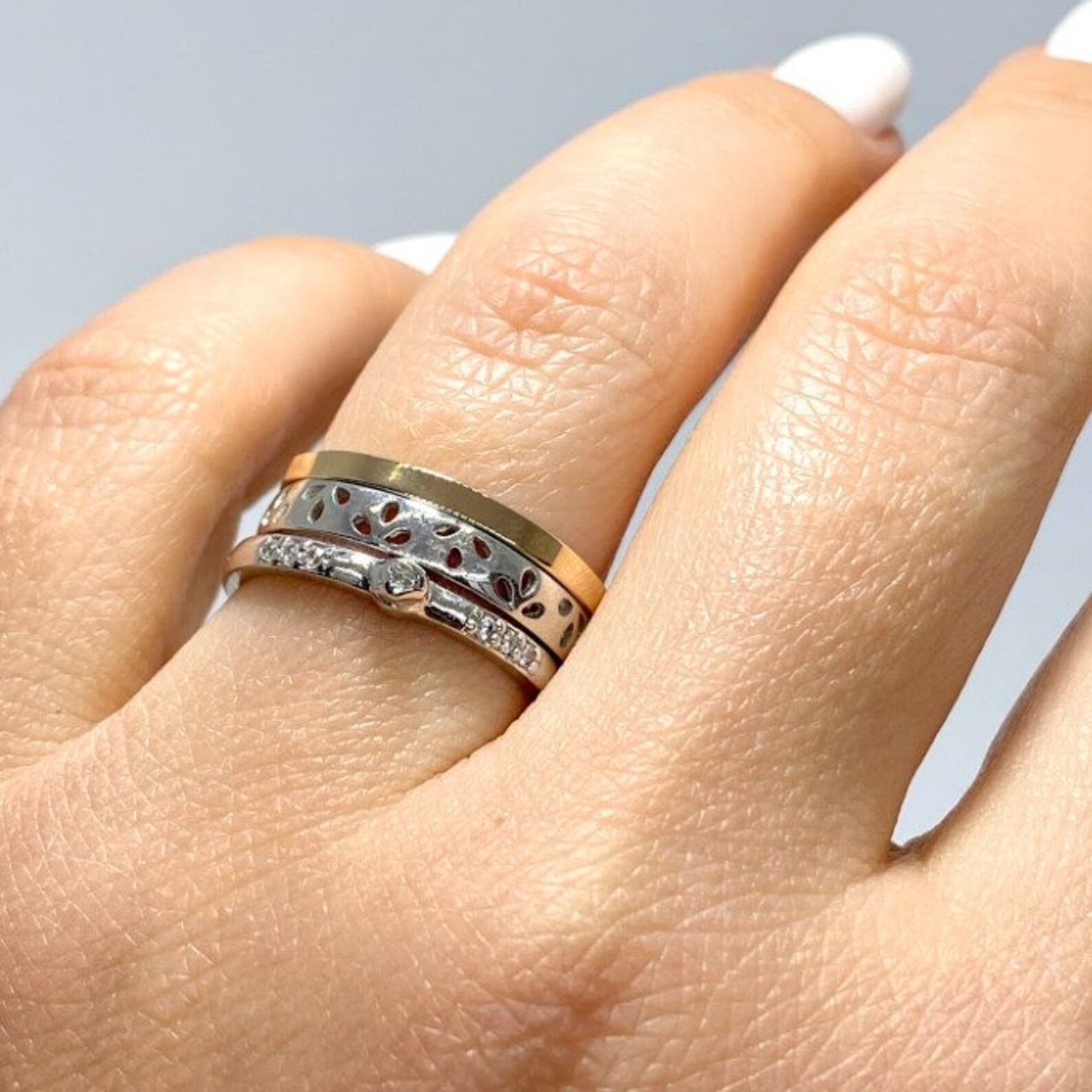 Silver triple ring with cubic zirconia and gold plating Three | Etsy