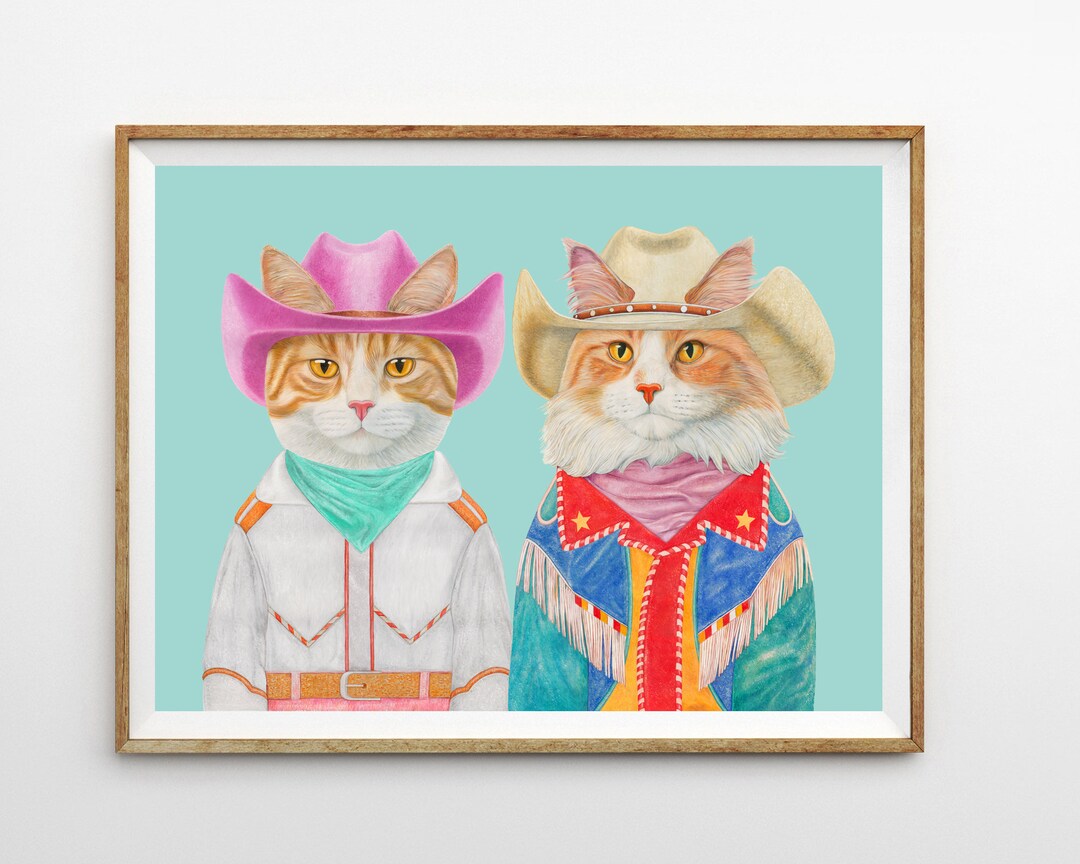 Colorful Rodeo Cowboy Ginger Cats Print, Western Cowboy Aesthetic, Pink ...