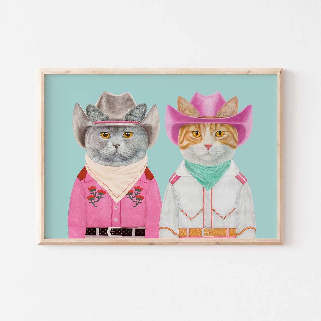 Cowboy Cats Art Print, Colorful Wall Art, Orange Cat, Grey Cat, Ginger ...