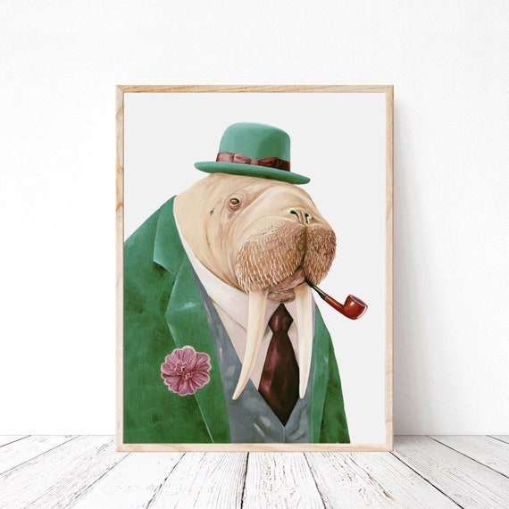 Mr Walrus Green Art Print Large Whimsical Colorful Animal - Etsy UK