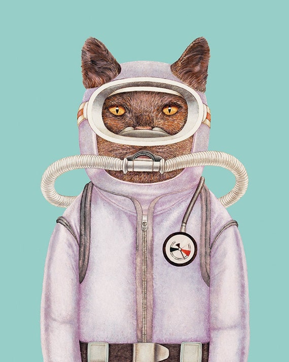 Scuba Cat Art Print Underwater Life aquatic Nautical Nursery | Etsy