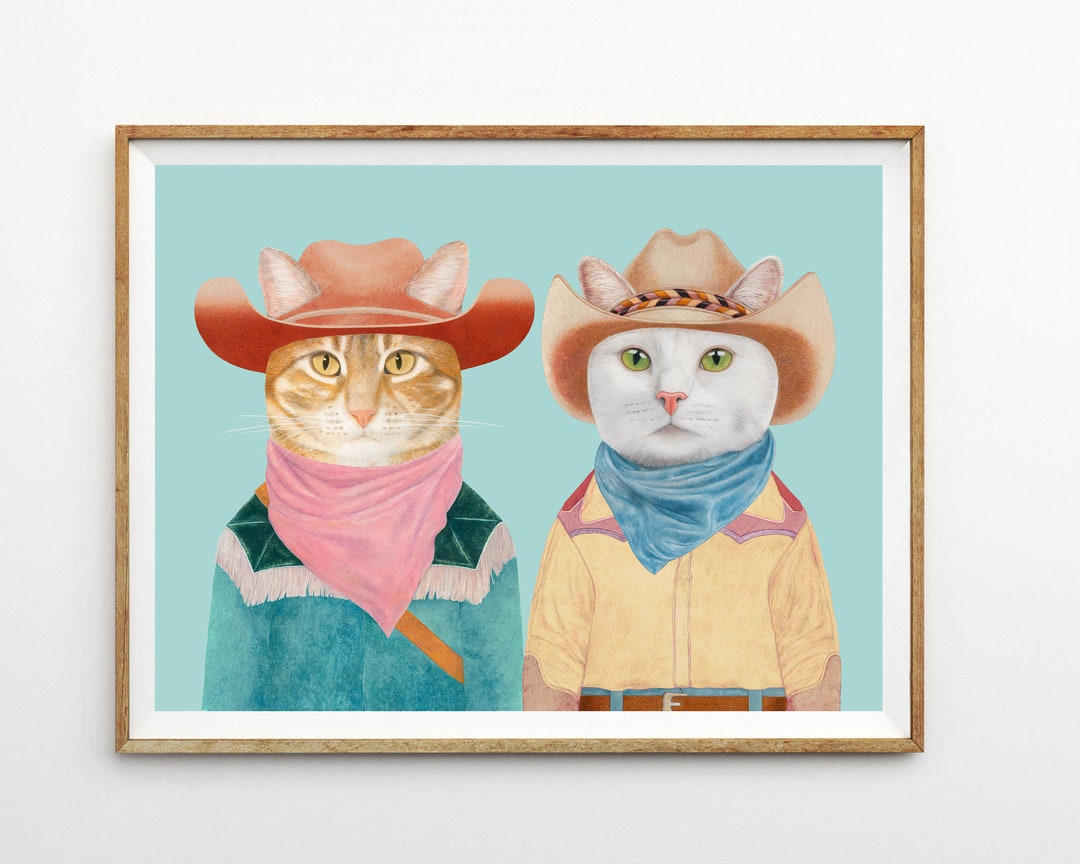 Cowboy Cats Art Print - Orange Cat, White Cat, Colorful Maximalist Wall ...