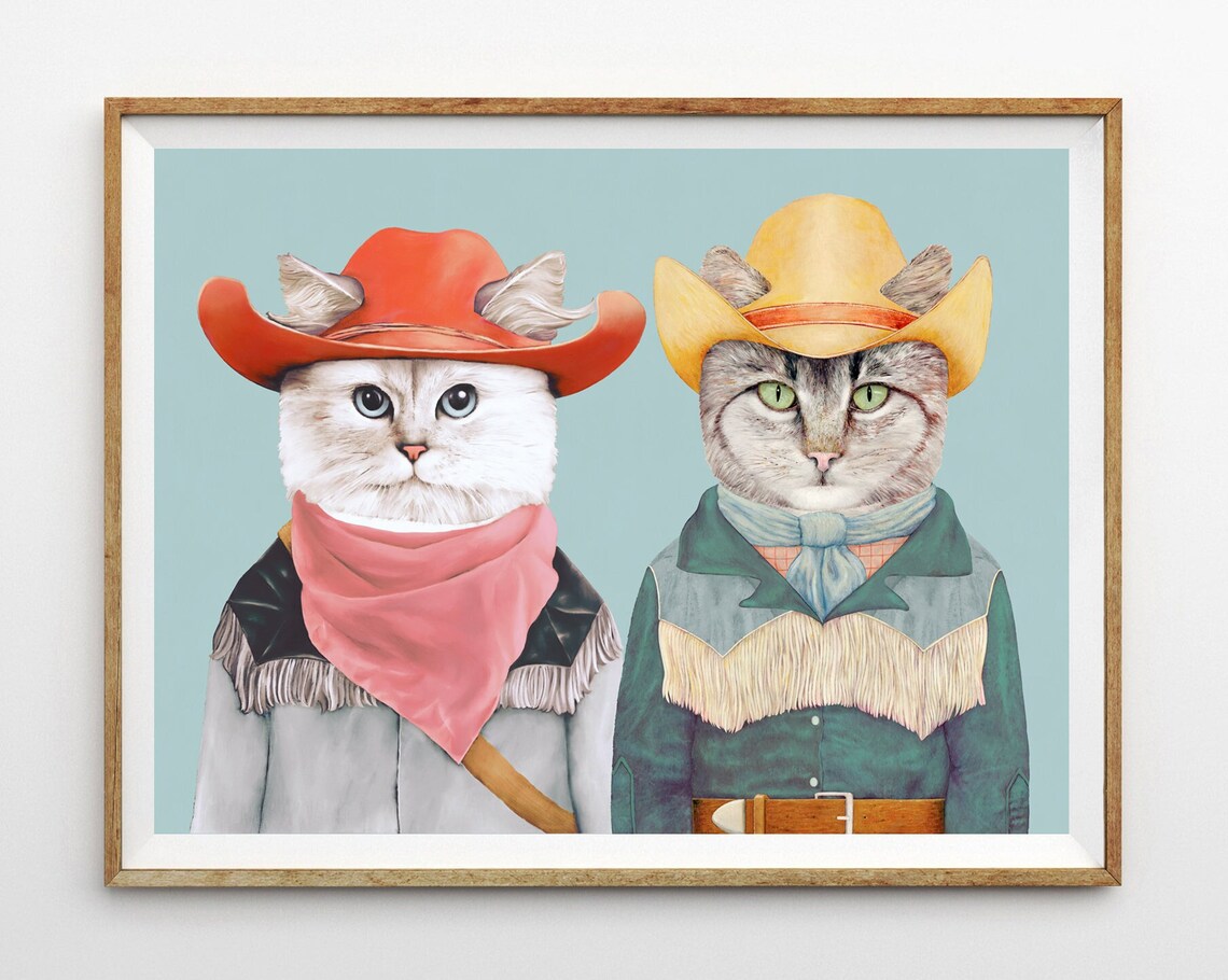 Cowboy Cats Art Print Colorful Wall Art Eclectic Room - Etsy
