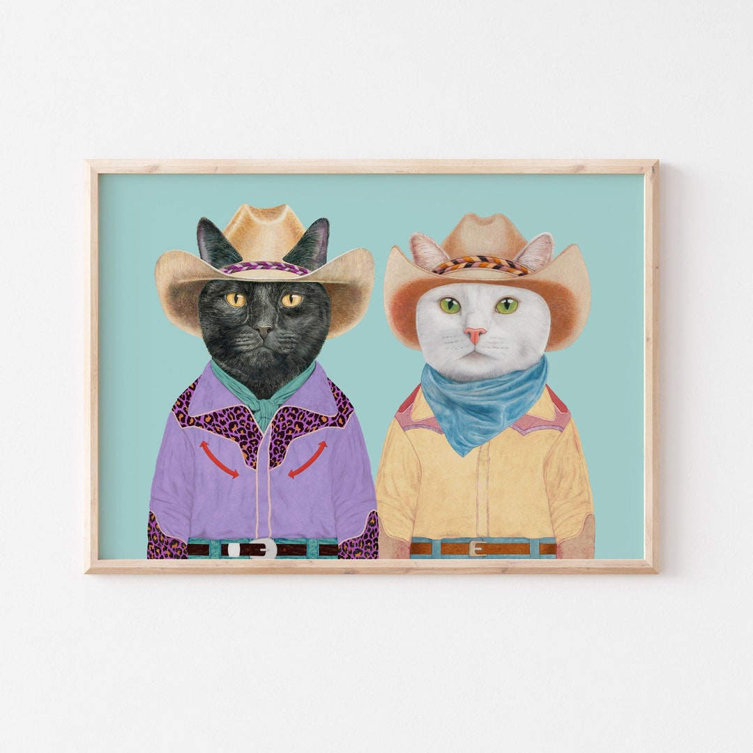 Cowboy Cats, Black Cat, White Cat, Colorful Western Trendy Cat Wall Art ...