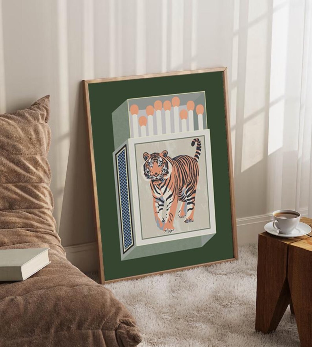 Tiger Matchbox Art Print Apartment Wall Art Retro Green Decor ...