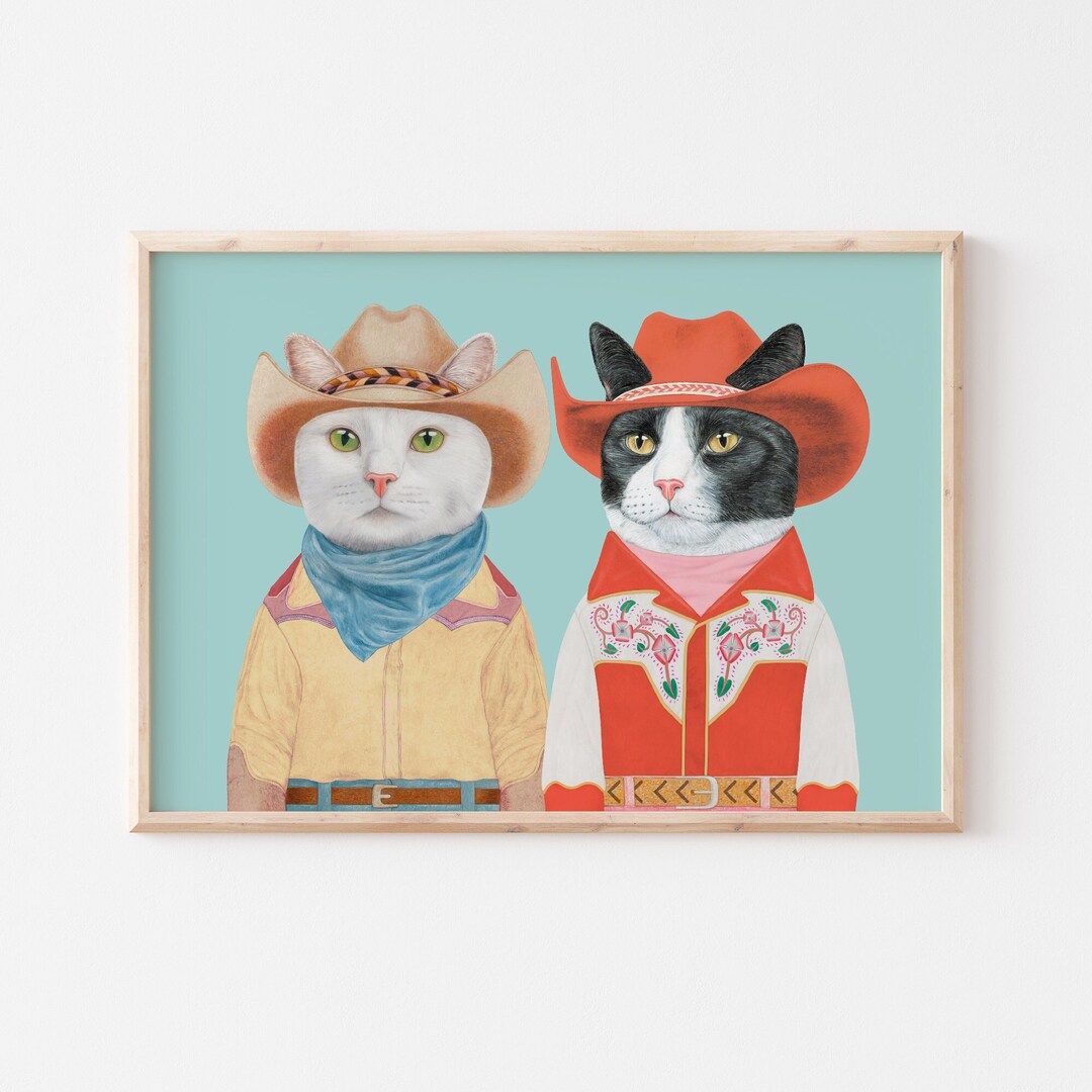 Rodeo Cats Art Print, White Cat, Tuxedo Cat, Colorful Western Wall Art ...