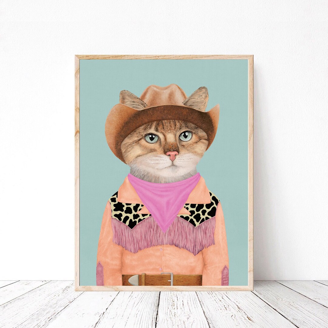 Rodeo Kitten Art Print Colorful Western Pets Art Maximalist - Etsy