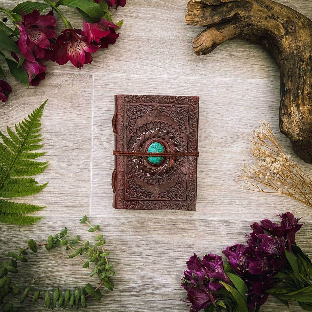 Leather Bound Ledger With Gemstone , Hand Made Sketch Pad , Refillable ...