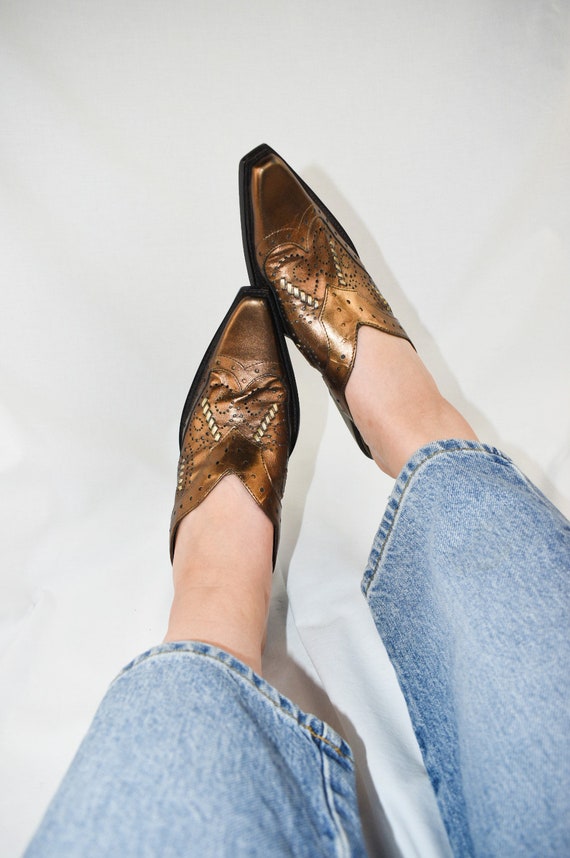 Y2K Gold Bronze Western Mules / Block Heels / Size 8 - Gem