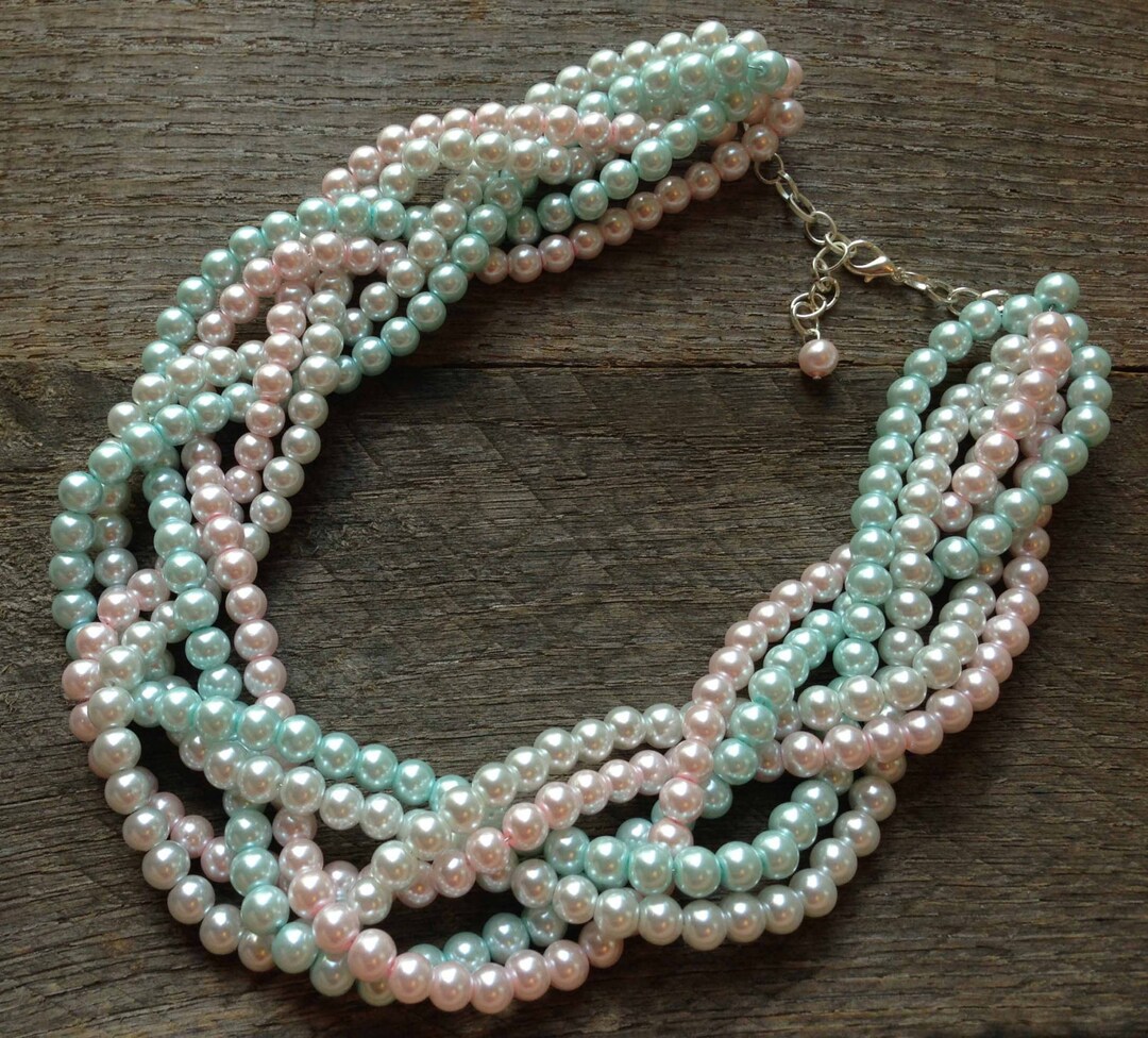 Baby Pink Blue Pearl Statement Necklace Multi Strand Wedding Braided ...