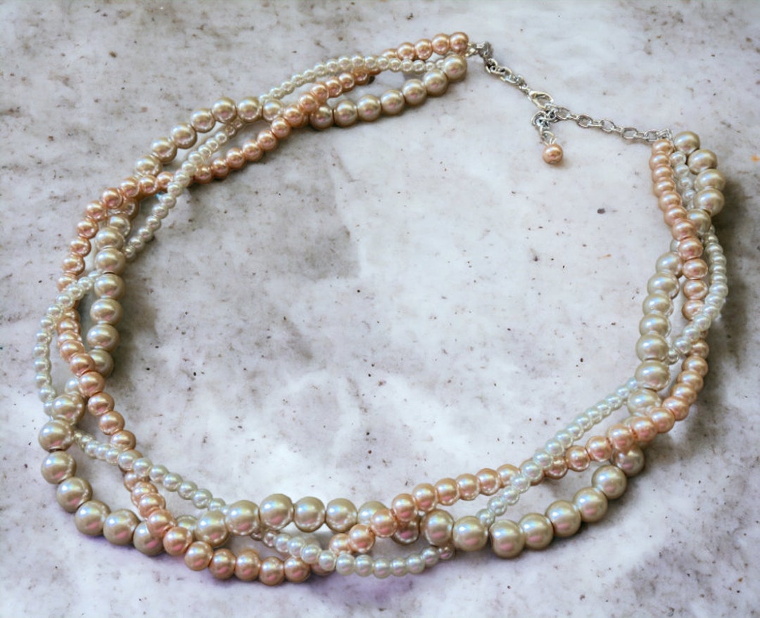 Braided Pearl Necklace Pink Champagne Cream Ivory Multistrand Jewelry ...