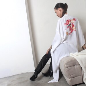 White Dragon Embroidered Lightweight Kimono Duster Jacket Os - Etsy