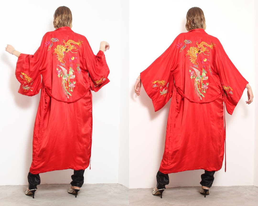 Red Silk Hand Embroidered Dragon Kimono Robe Duster - Etsy
