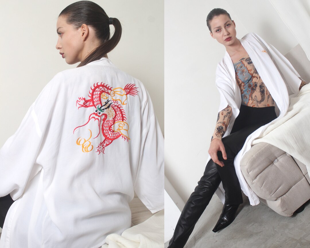 White Dragon Embroidered Lightweight Kimono Duster Jacket Os - Etsy