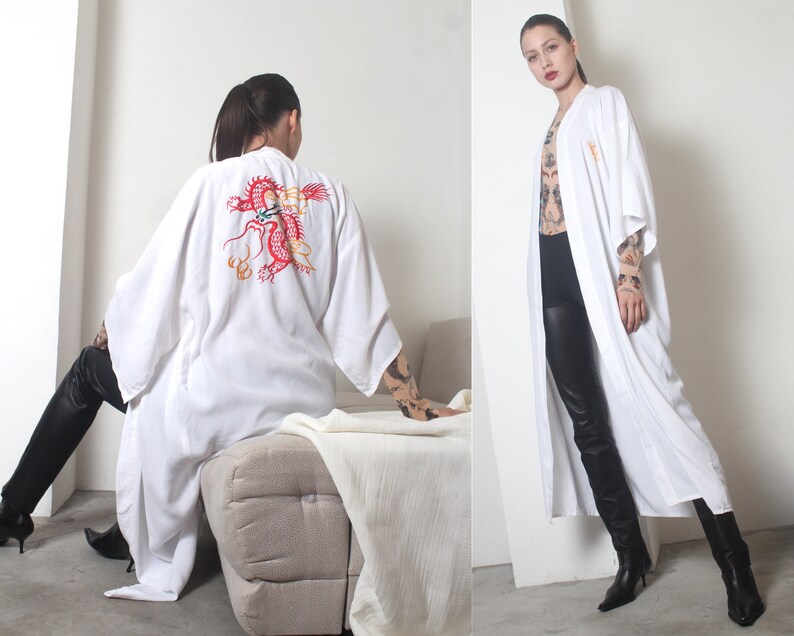 White Dragon Embroidered Lightweight Kimono Duster Jacket Os - Etsy