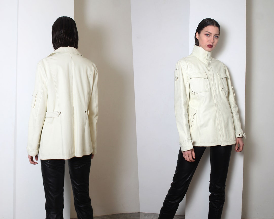 White Leather Military Jacket - Etsy