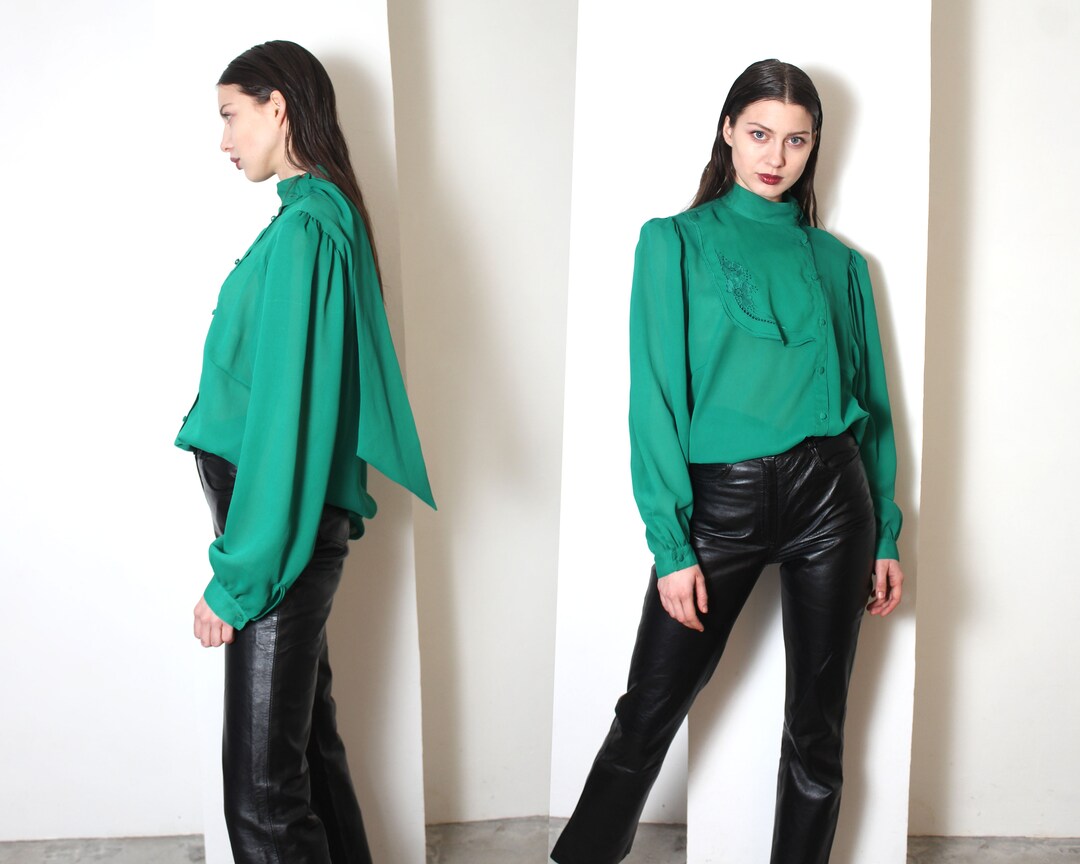 80s Green Embellished Pouf Blouse M - Etsy