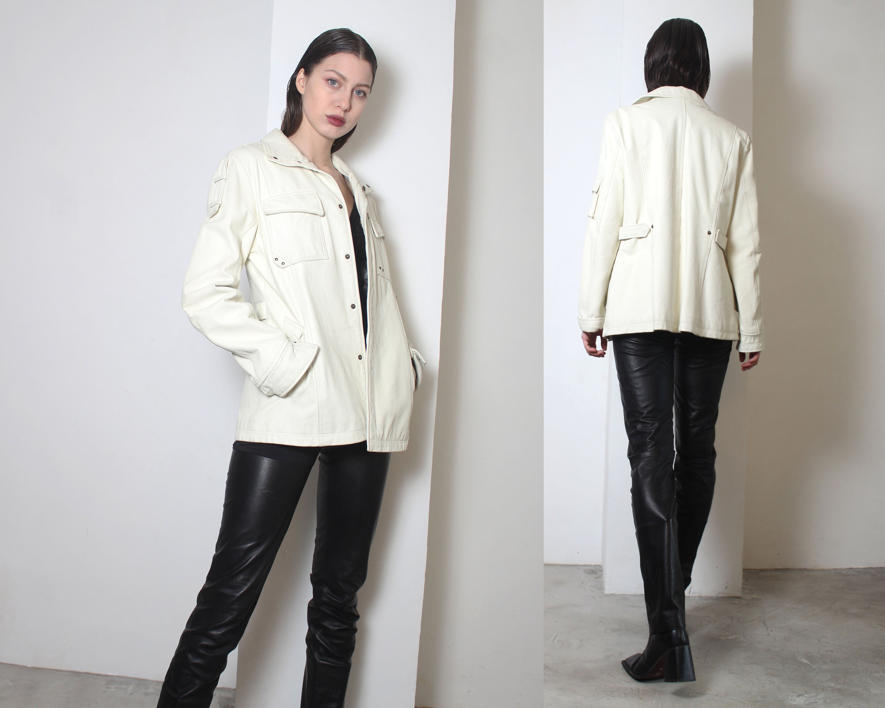 White Leather Military Jacket - Etsy