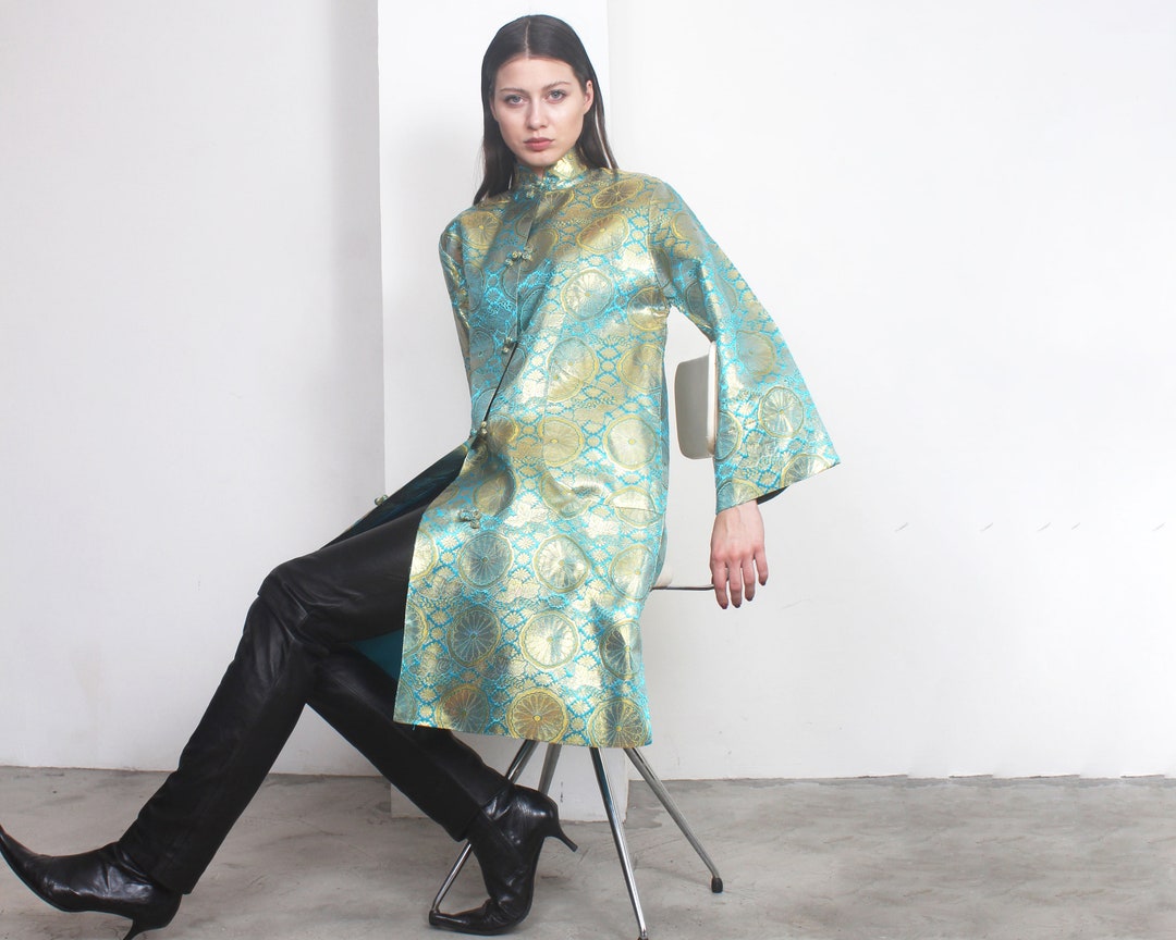 60s Metallic Liquid Gold Turquoise Brocade Oriental Duster Coat M - Etsy