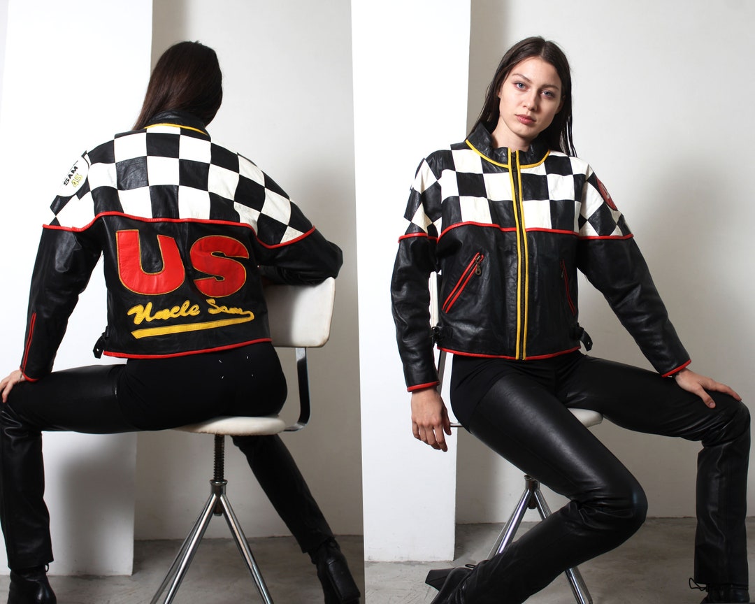 80s Leather Checkered 'U.S. Uncle Sam' Jacket - Etsy