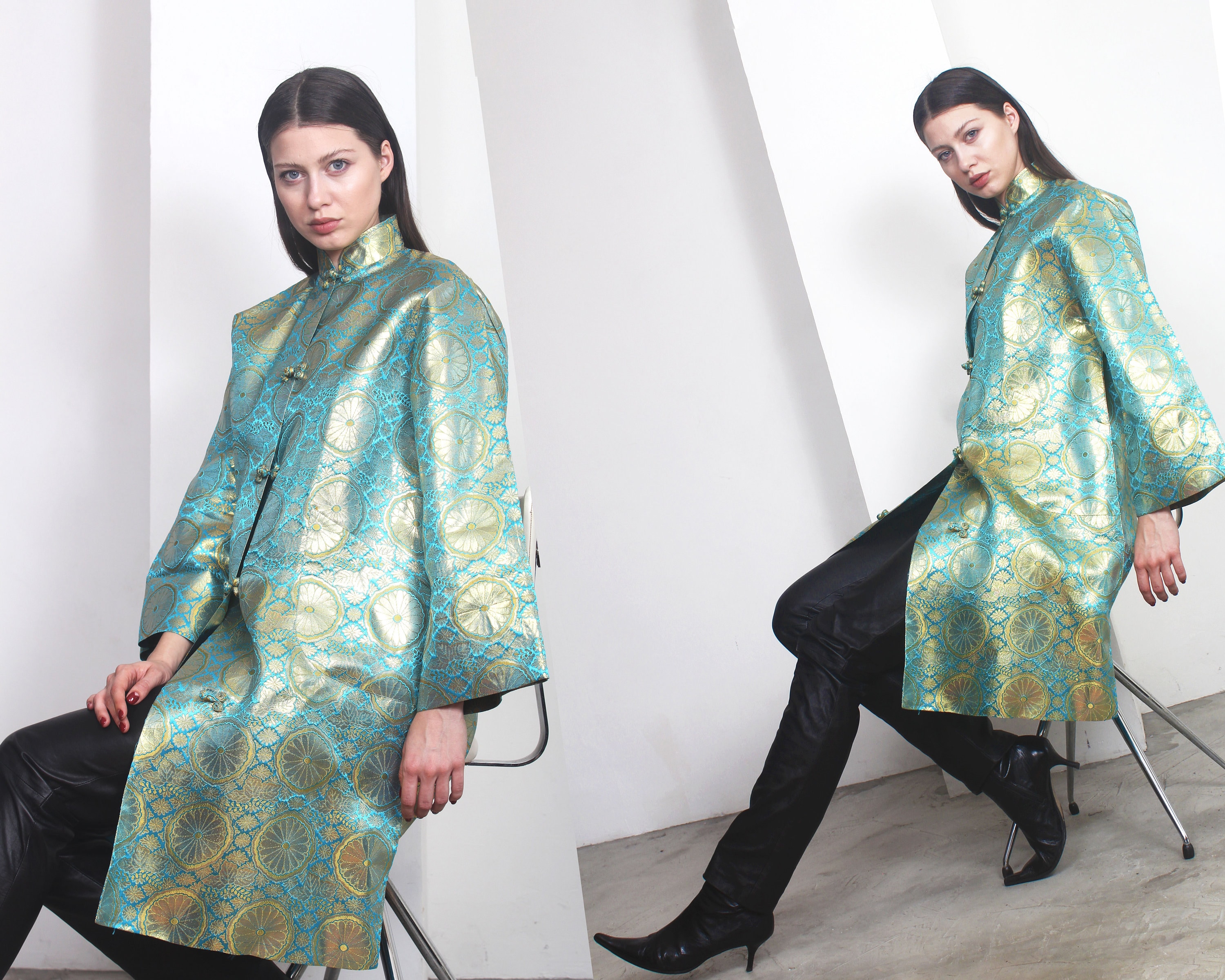 60s Metallic Liquid Gold Turquoise Brocade Oriental Duster Coat M - Etsy