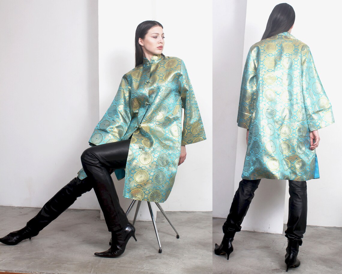 60s Metallic Liquid Gold Turquoise Brocade Oriental Duster Coat M - Etsy