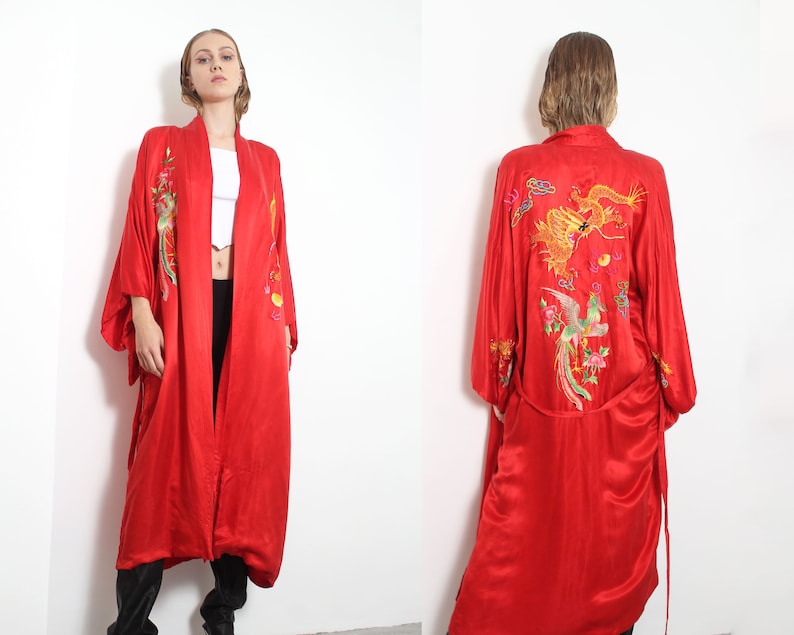 Red Silk Hand Embroidered Dragon Kimono Robe Duster - Etsy