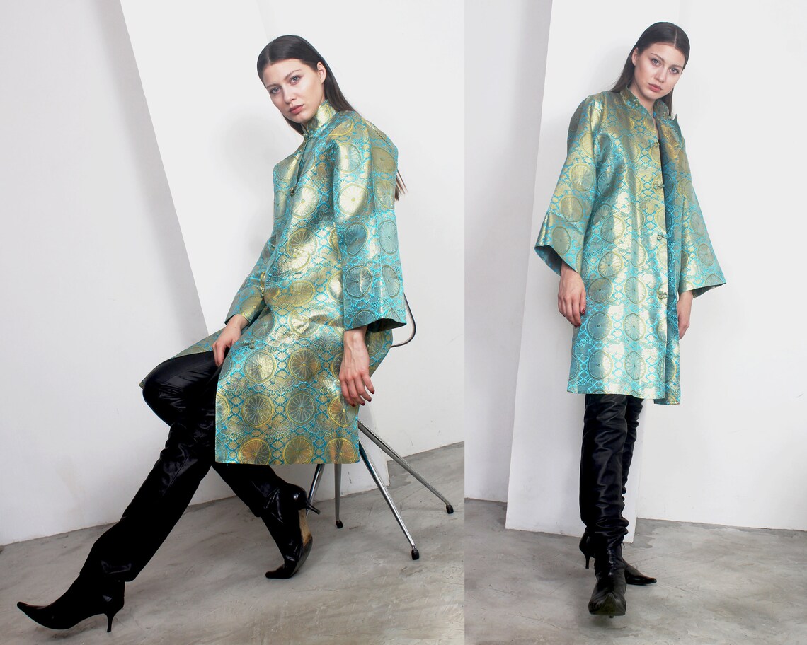 60s Metallic Liquid Gold Turquoise Brocade Oriental Duster Coat M - Etsy