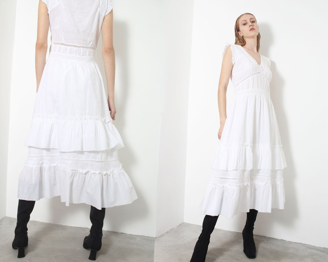 White Cotton Scallop Ruffle Crochet Layered Midi Dress - Etsy