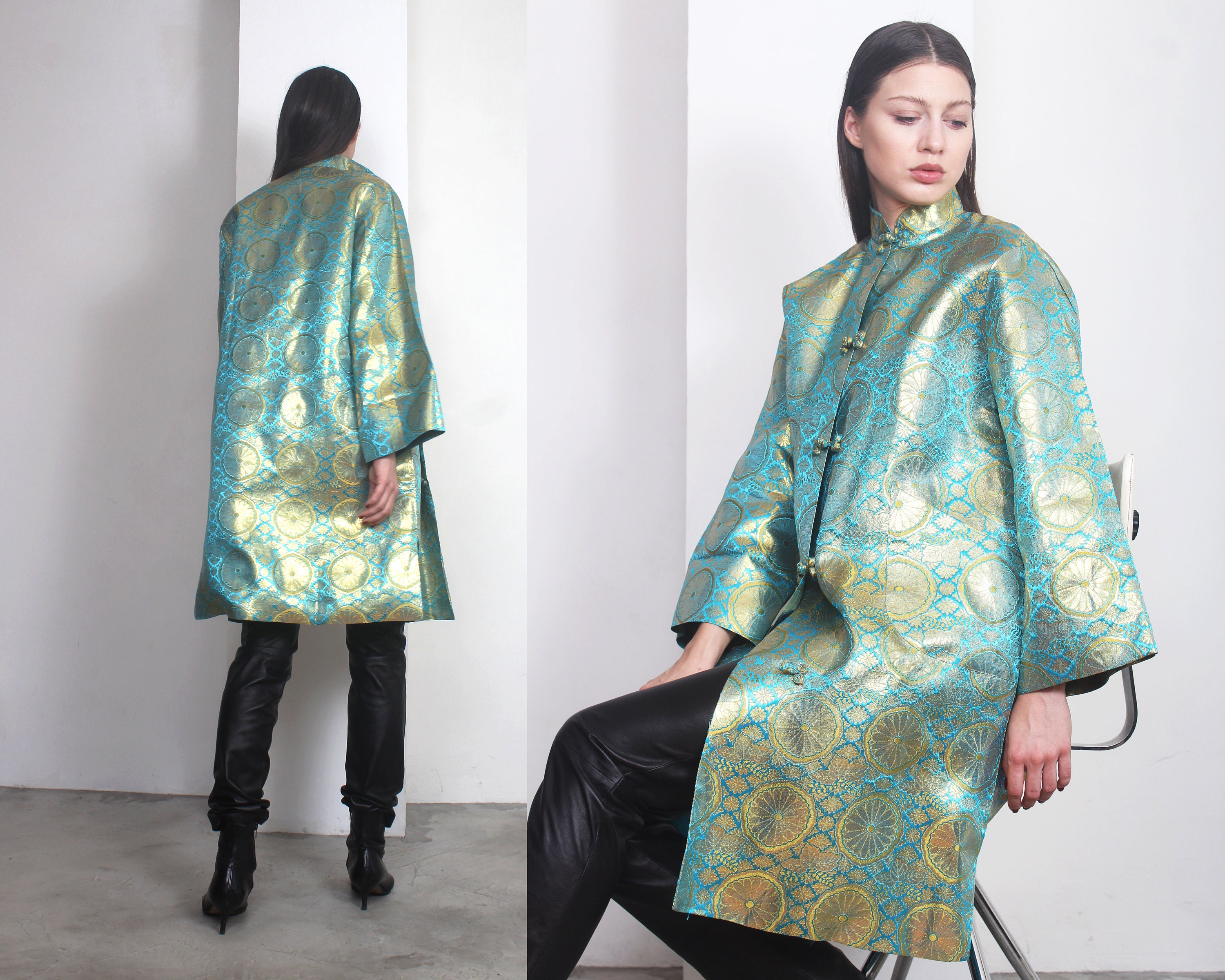 60s Metallic Liquid Gold Turquoise Brocade Oriental Duster Coat M - Etsy