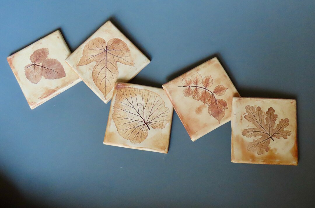 5 Handmade Lead Free Porcelain 4 1/2 Square Brown Leaf Imprinted Tiles ...