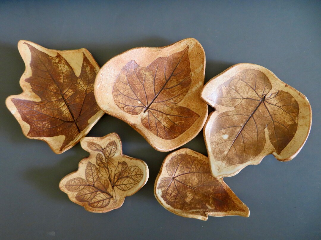 Set of 5 Handmade Glazed Lead Free Stoneware Brown Leaf Shaped Plates ...