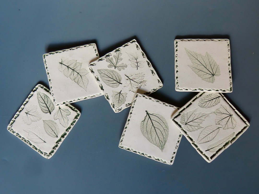 6 Handmade Lead Free Stoneware 3 1/2 Square Green Leaf Imprinted Tiles ...