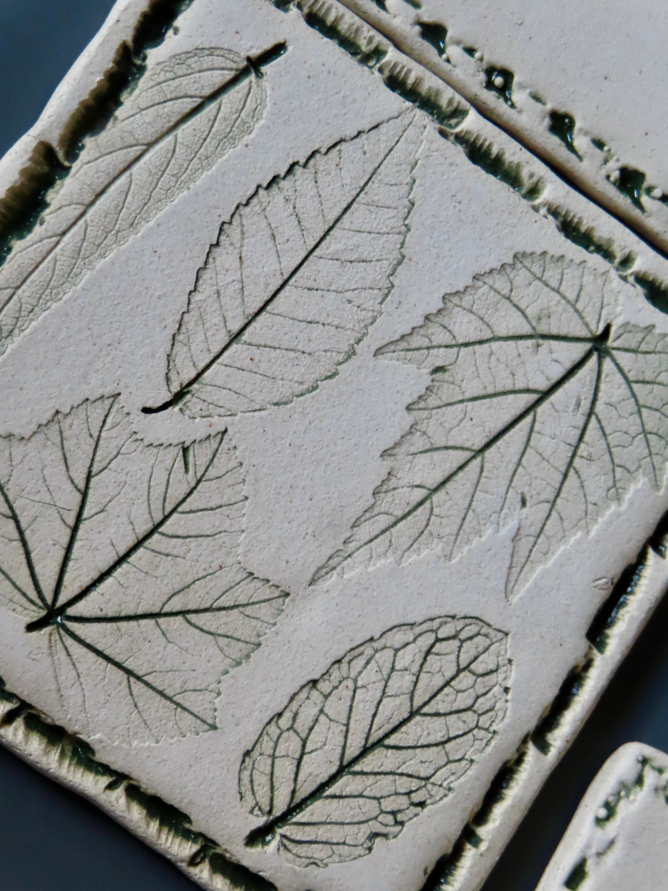 6 Handmade Lead Free Stoneware 3 1/2 Square Green Leaf Imprinted Tiles ...