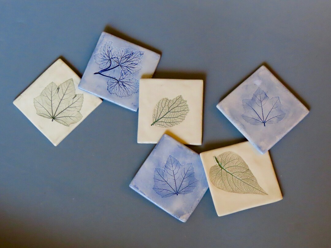 Set of 6 Handmade Lead Free Porcelain 4 1/4" Square Blue & Green Leaf ...
