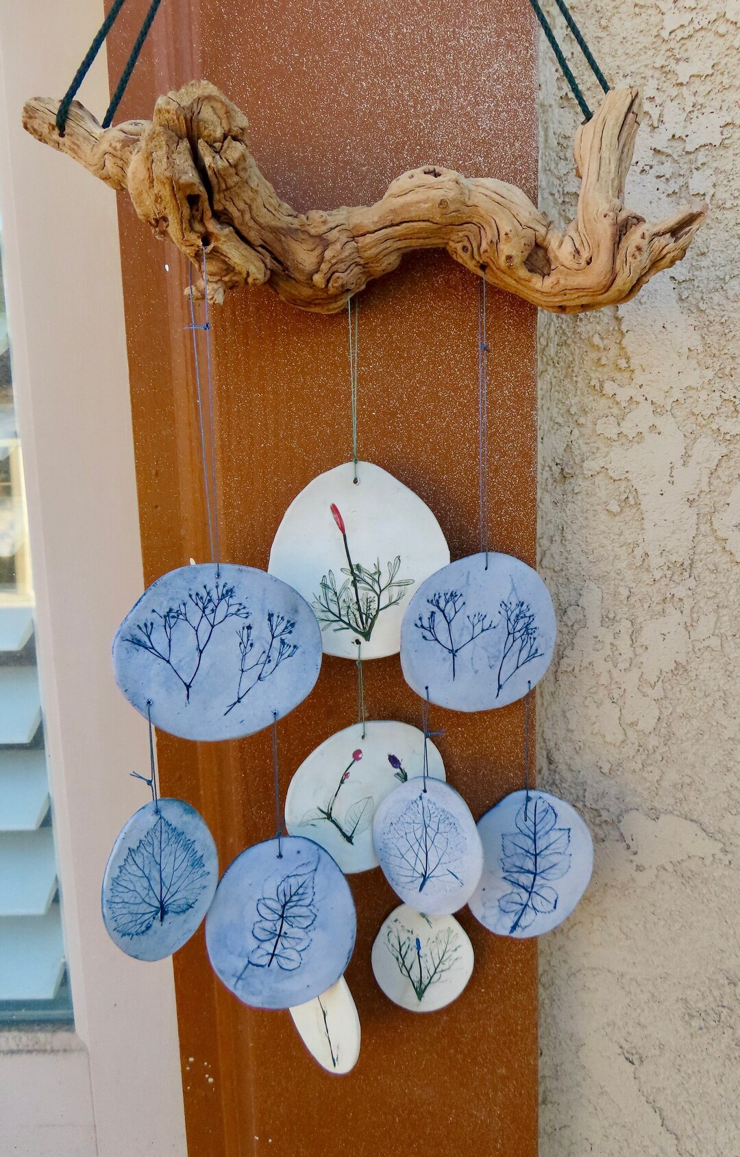 Handcrafted Porcelain Wind Chime on Real Grapevine, Floral & Blue ...