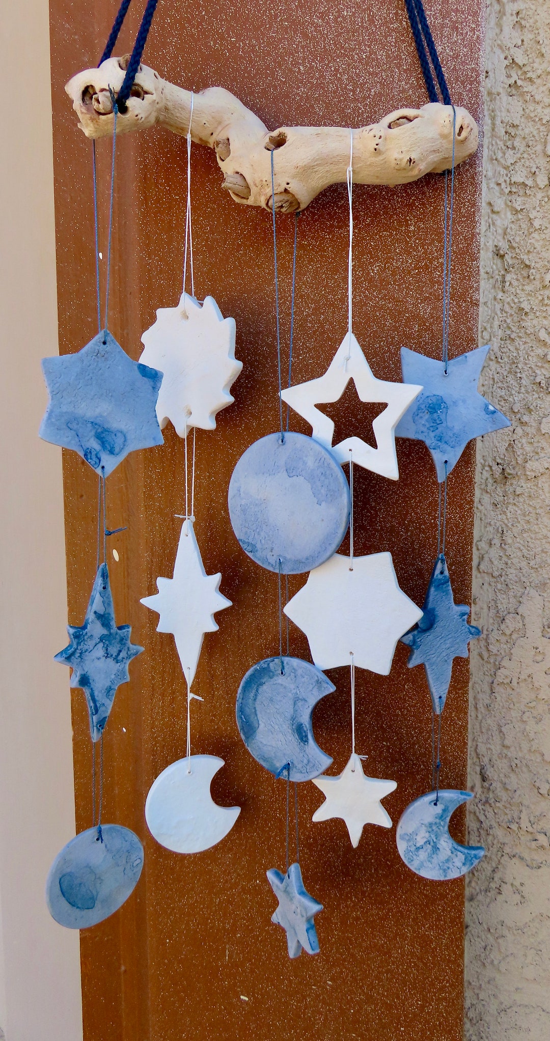 Handmade Porcelain White & Blue Moon Chime Suspended From Grapevine, 5 ...