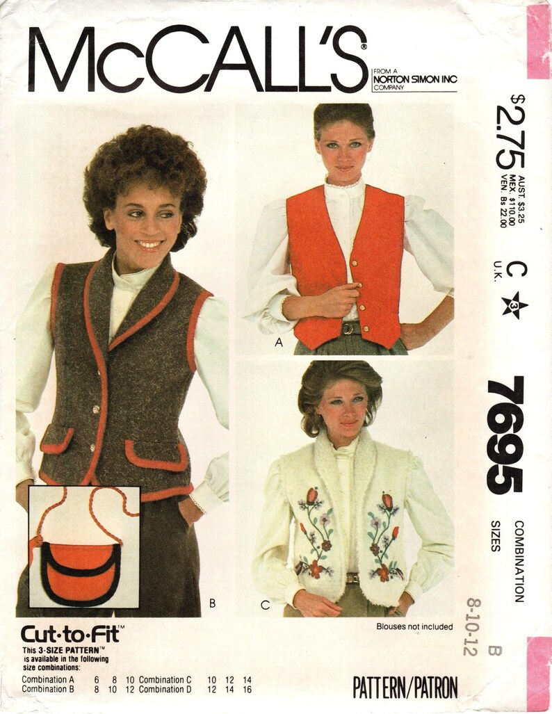 Sz 8/10/12 Mccall's Vest Pattern 7695 Misses' - Etsy
