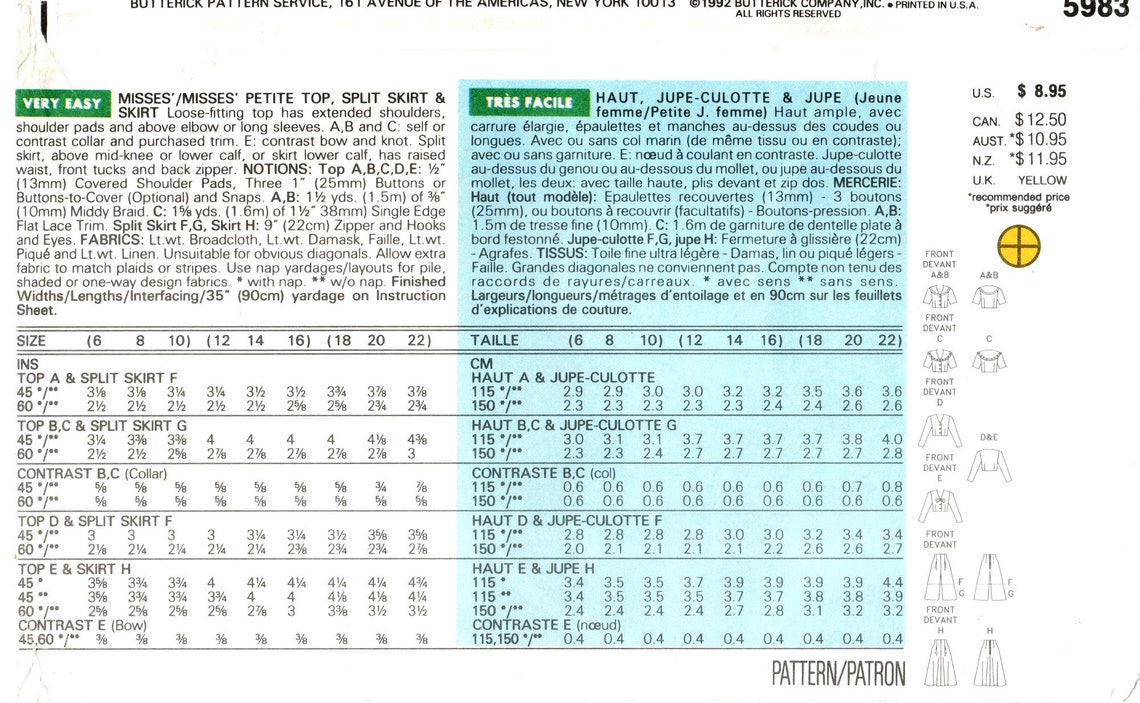 Sz 12/14/16 Butterick Pattern 5983 Misses' V-Neck | Etsy