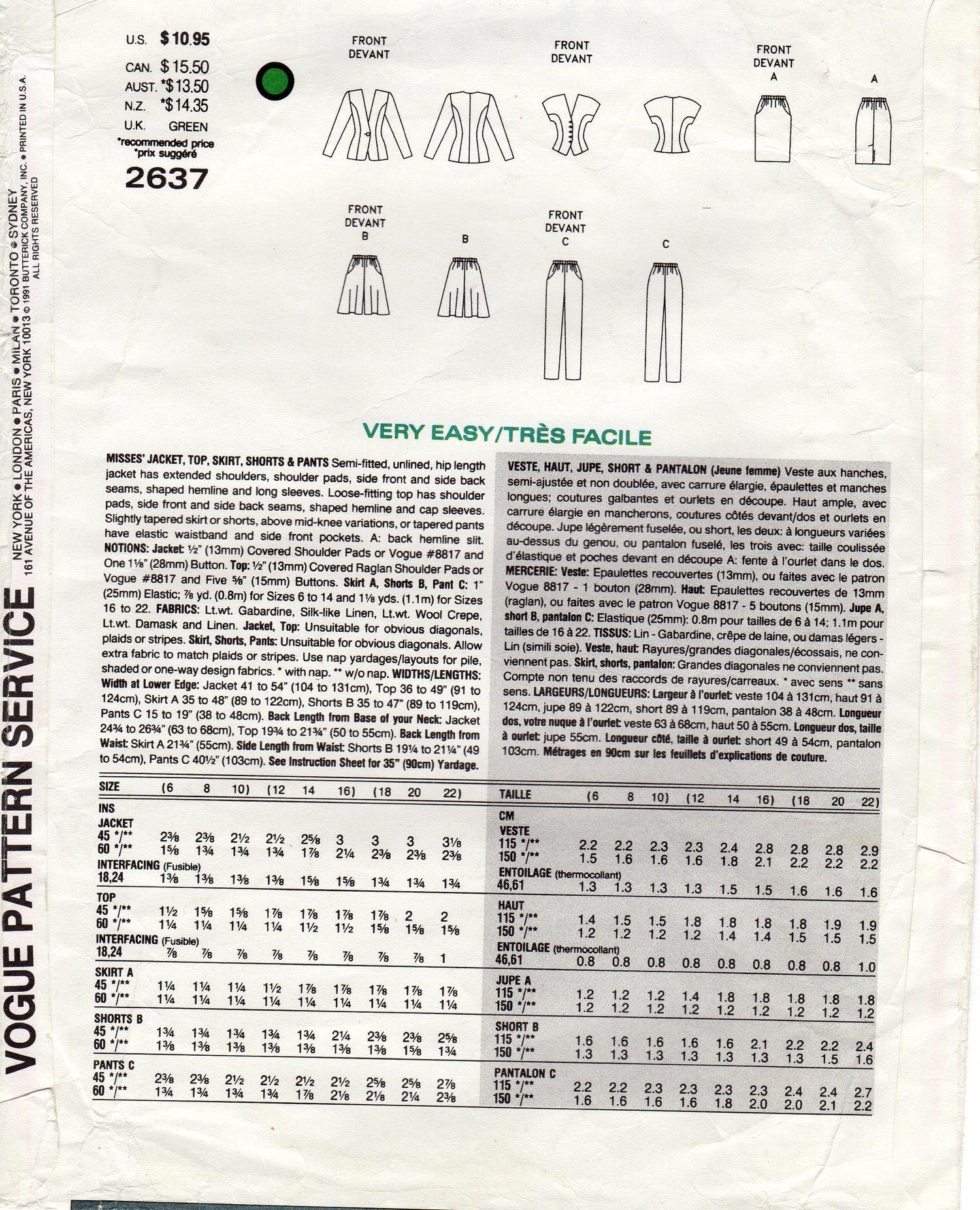 Sz 6/8/10 Vogue Separates Pattern 2637 Misses' - Etsy