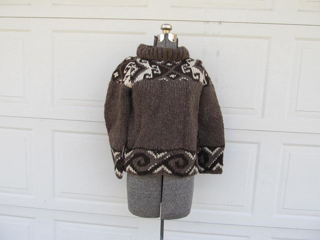 Vintage Chunky Knit Wool Sweater With Geometric Trim, Wool Brown ...