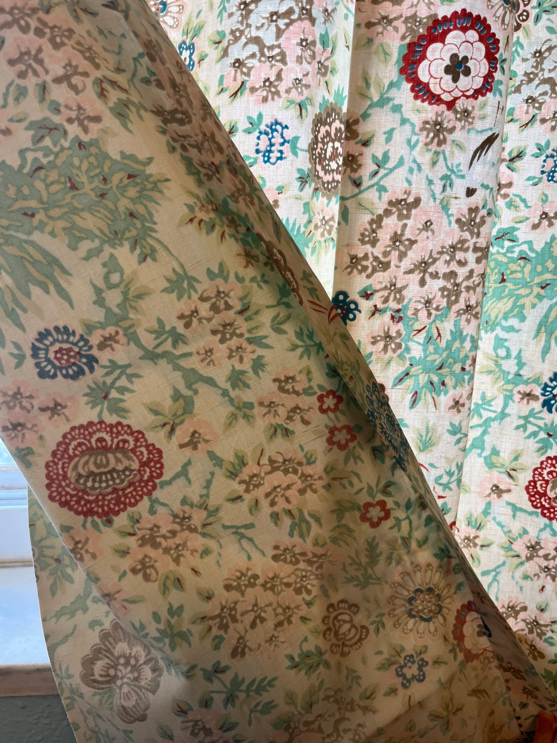 Vintage Curtain Panel, Muted Color Tone, Birds, Floral, Long Panel ...